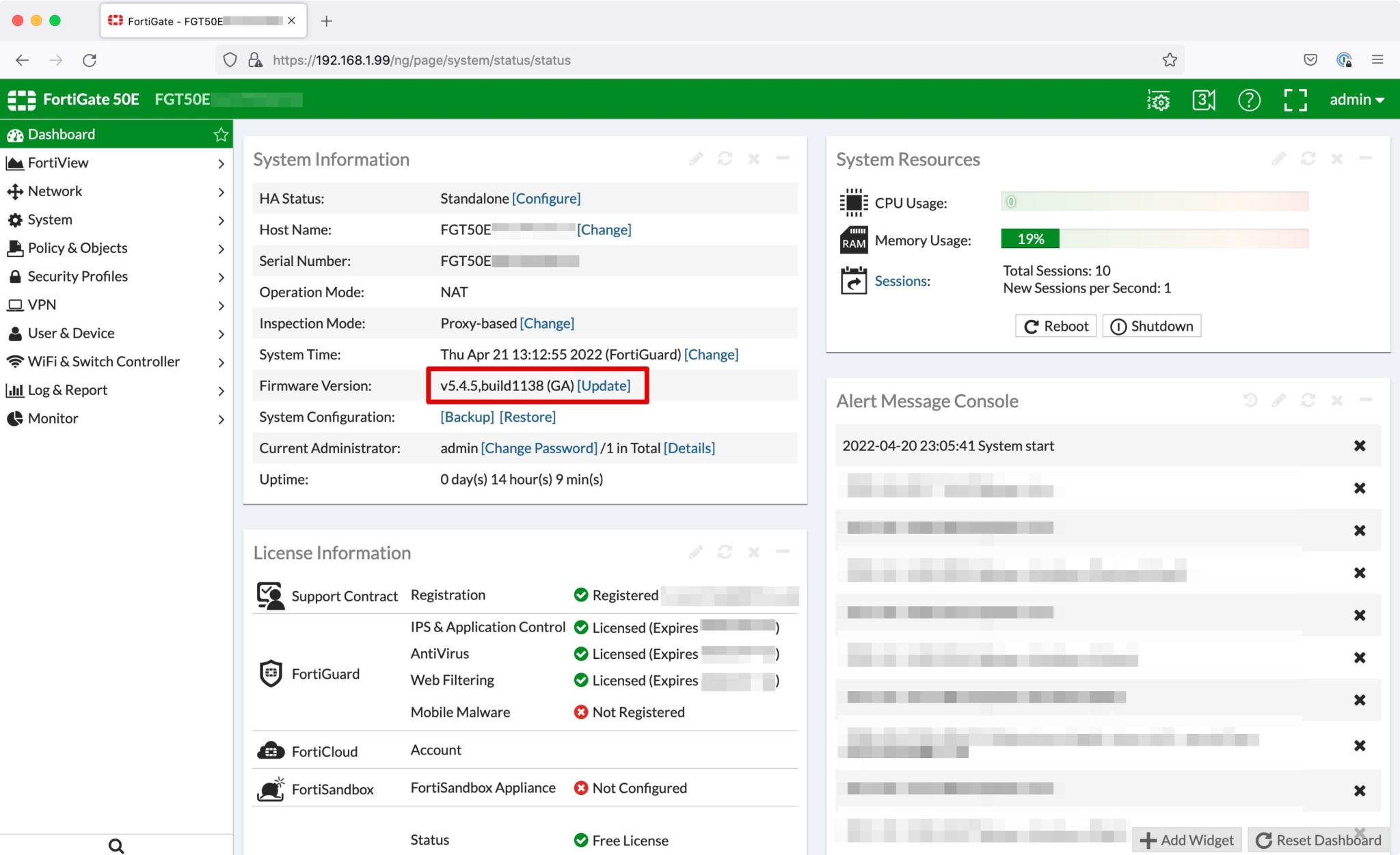 Fortigateのファームウェアアップデート(初期構築・ライセンスあり)